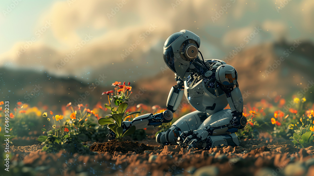 The robot plants fresh flowers in the fertile land. The rebirth of the ...