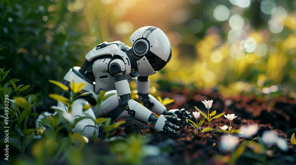 The robot revives the earth by planting fresh flowers. A mechanical ...