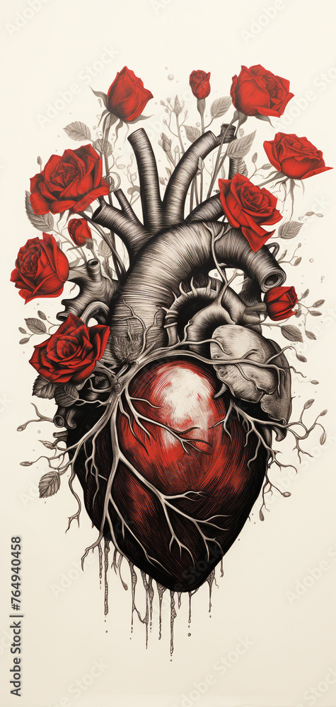 anatomical print of a heart drawing in black and white, with a red rose ...