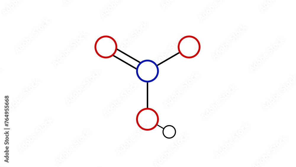 nitric acid molecule, structural chemical formula, ball-and-stick model ...