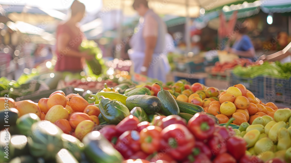 Vibrant farmers market with fresh fruits and vegetables, diverse people ...