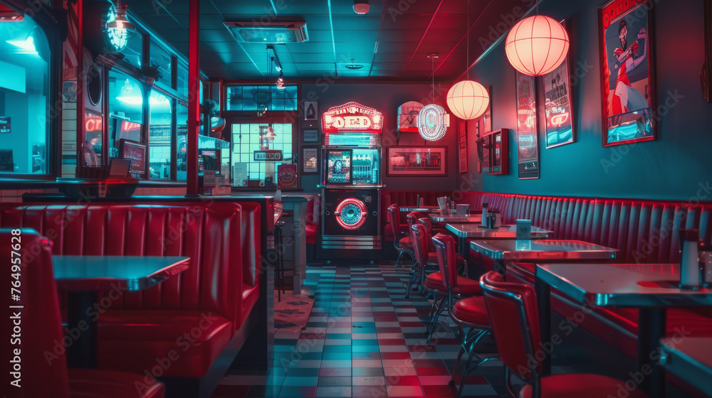 Vintage diner interior with classic red booths, jukebox, neon signs ...