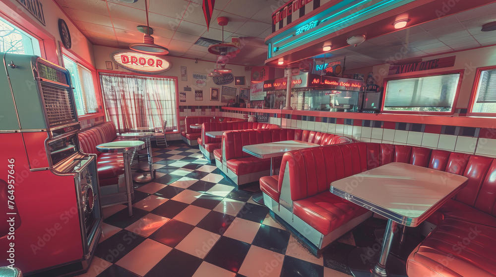 Vintage diner interior with classic red booths, jukebox, neon signs ...