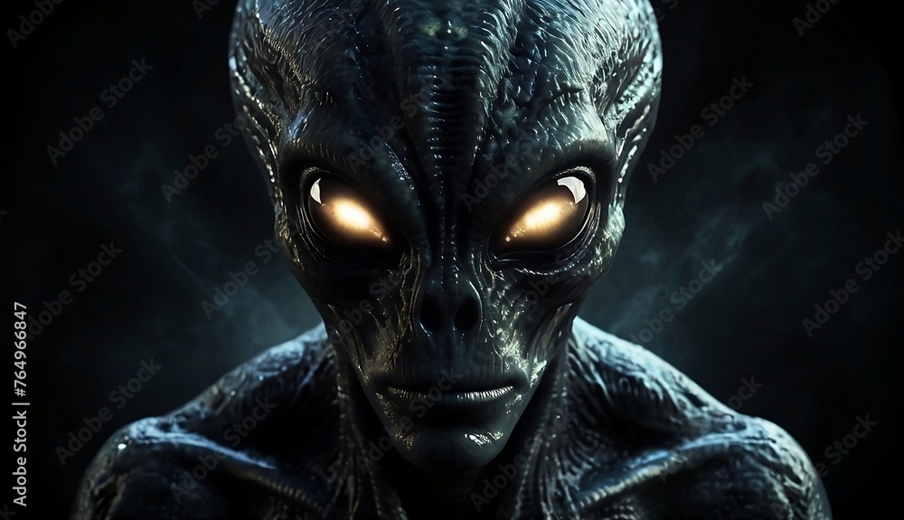 alien with large glowing hypnotic eyes and textured skin against a ...