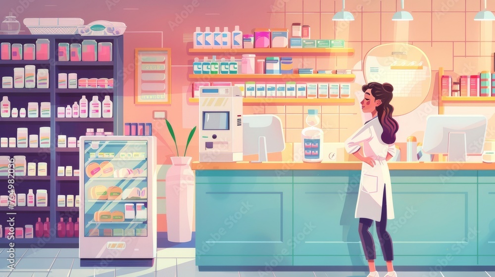 Modern illustration of a pharmacy with a pharmacist on the counter ...