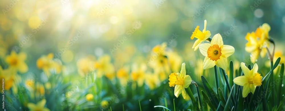 Beautiful Panoramic Spring Nature background with Daffodil Flowers in ...