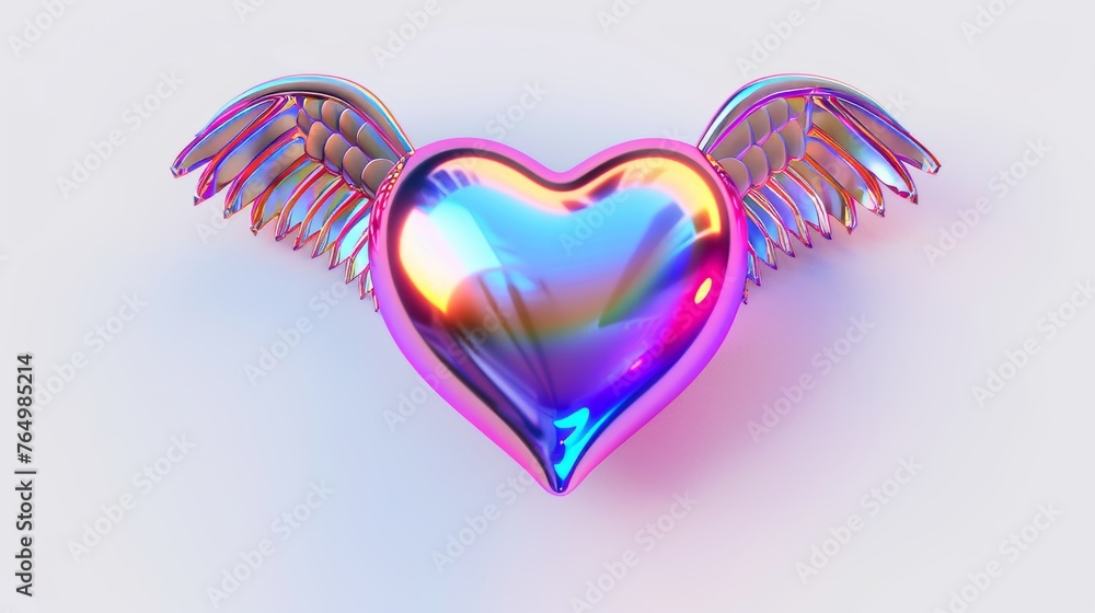 Render of a 3d holographic heart with angel wings in y2k style on a ...