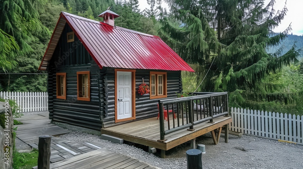 Wooden cabin with dark tree walls and a crimson roof sheet. Located on ...