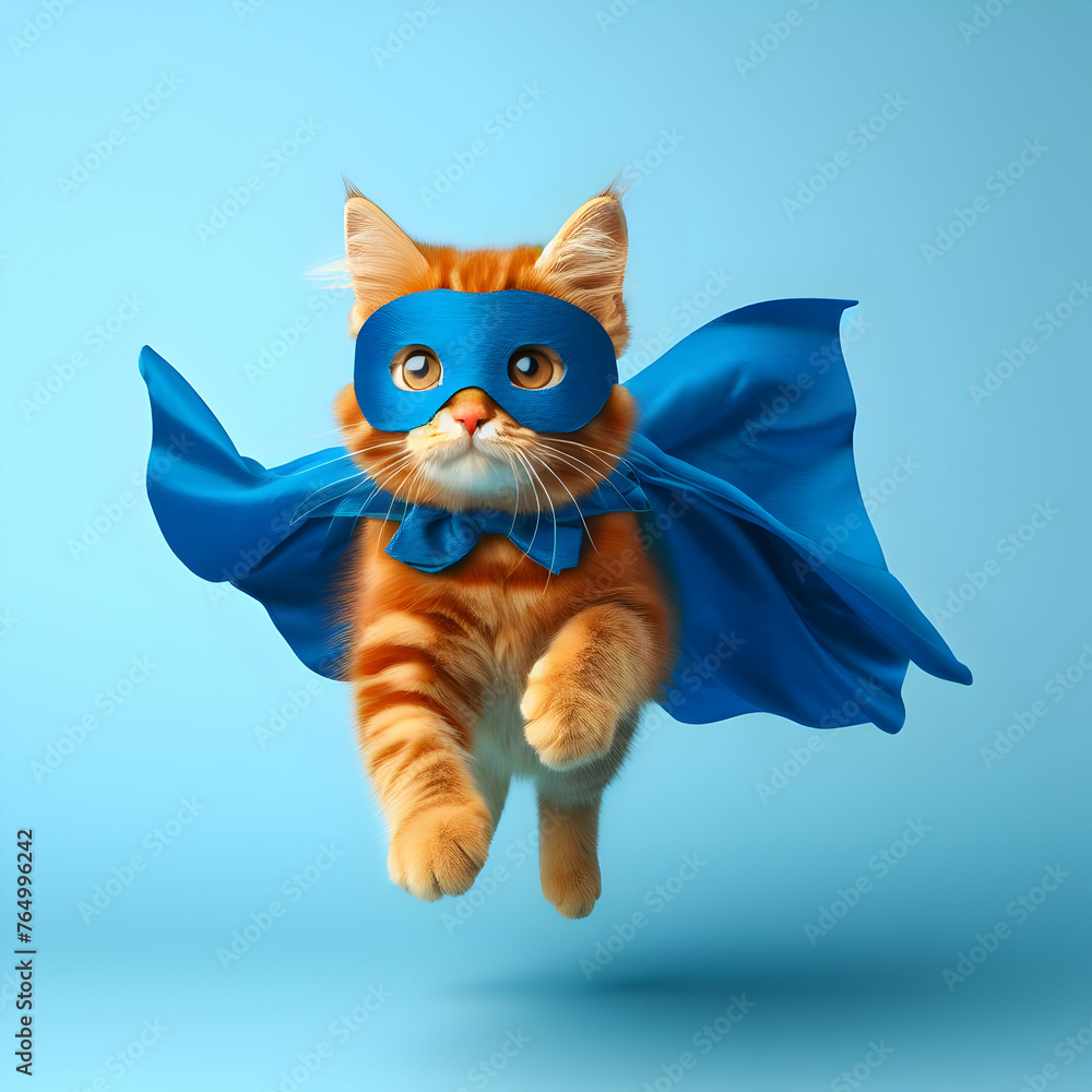 superhero cat, Cute orange tabby kitty with a blue cloak and mask ...