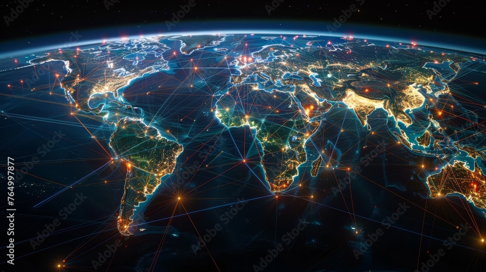 World trade routes highlighted on global trade map with interconnected ...