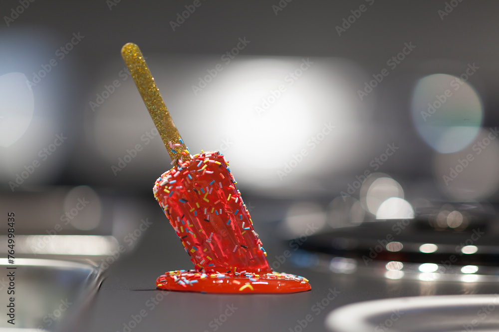 Close up on a melted popsicle on the iron table of a ice cream maker ...
