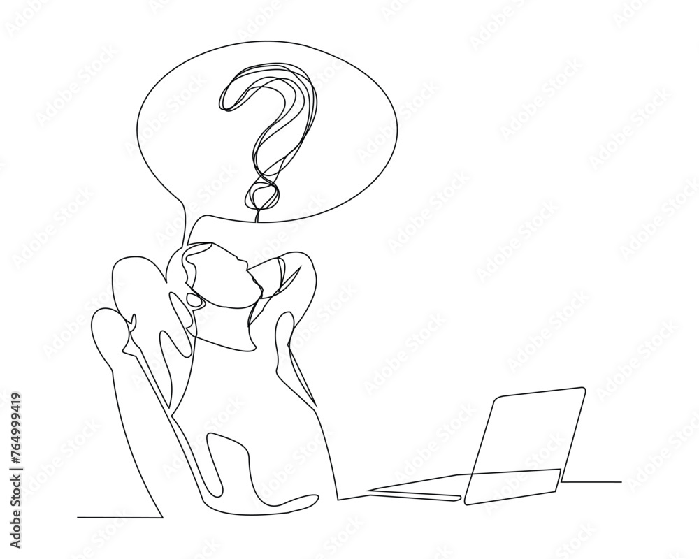 Continuous single line sketch drawing of thinking man with questions ...