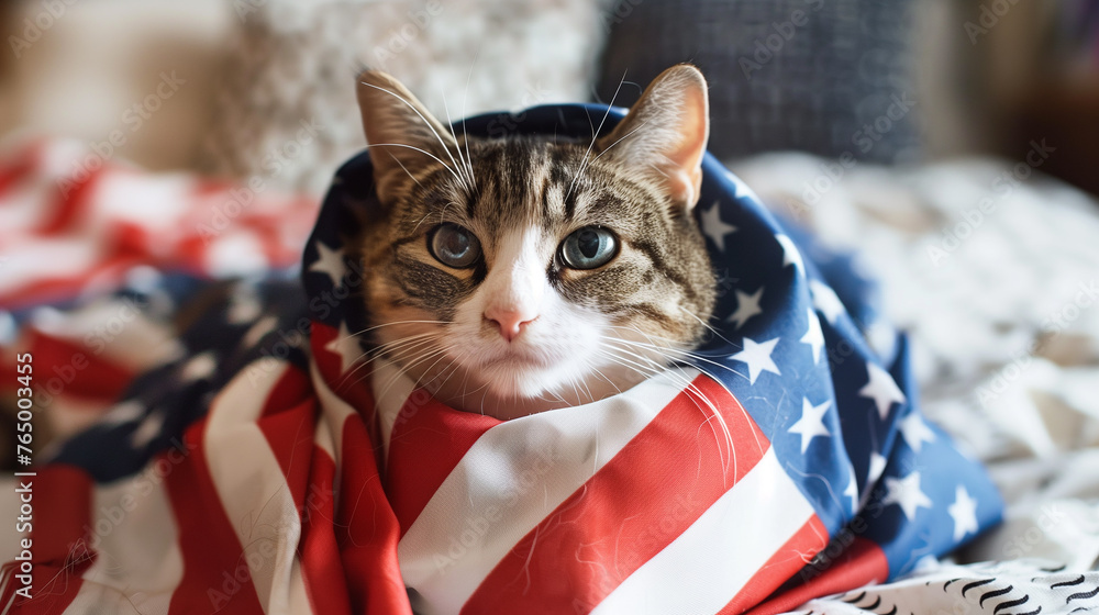 cute Cat wearing American flag. The concept of 4 July Independence Day ...