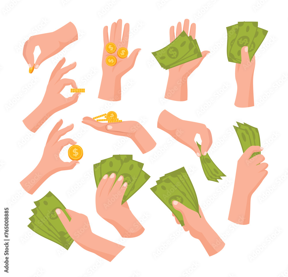 Set of human hands hold paper money backs and coins collection with various gesture, paying cash ...