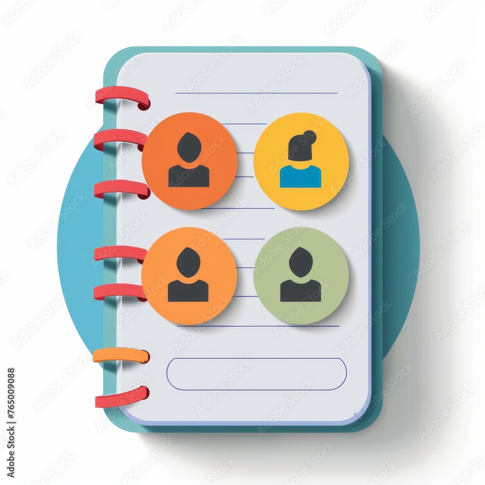 A digital illustration of a spiral notepad with contact profile icons ...
