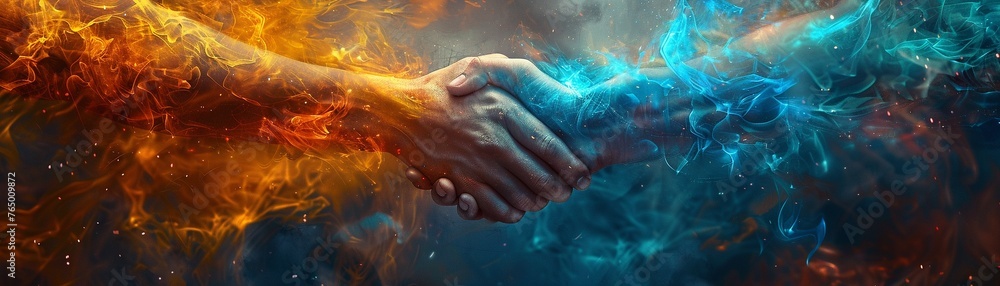 Highlight the moment of a handshake where two auras collide and merge ...