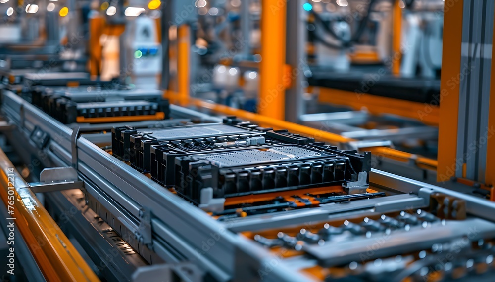 Close-up view of electric vehicle battery cell assembly line in mass ...