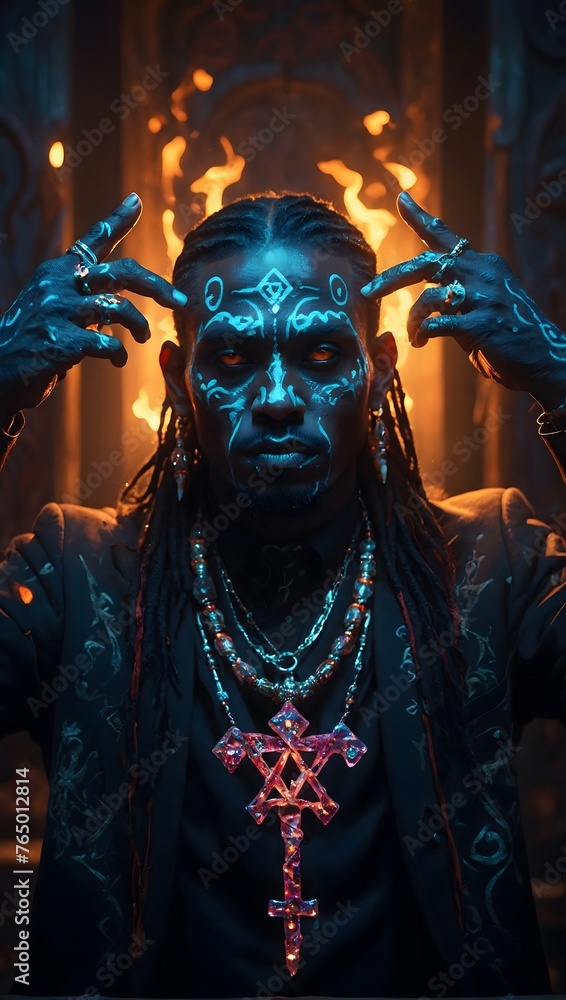Occult Charisma: Mystical Symbols and Neon Glow in Dark Ambiance Stock ...
