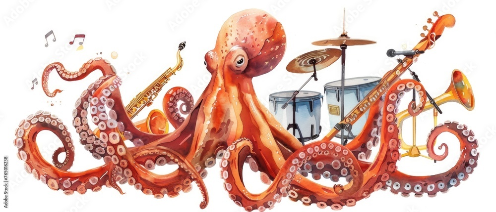 Artistic watercolor clipart of an octopus playing various musical ...