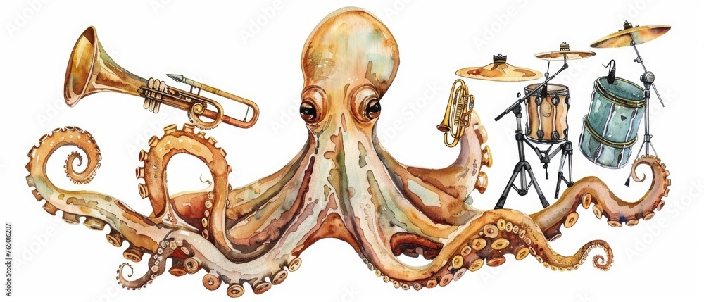 Artistic watercolor clipart of an octopus playing various musical ...