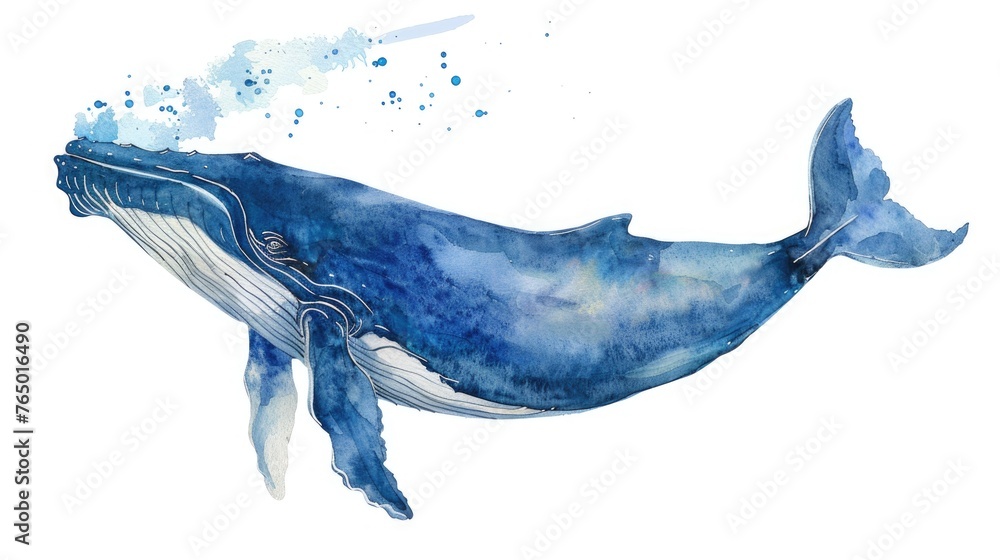 Majestic blue whale, watercolor clipart, gliding through ocean depths ...