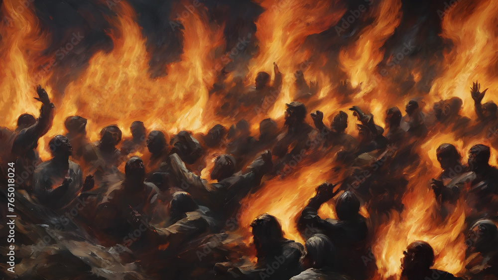 A painting of hell of suffering and eternal damnation. partially ...