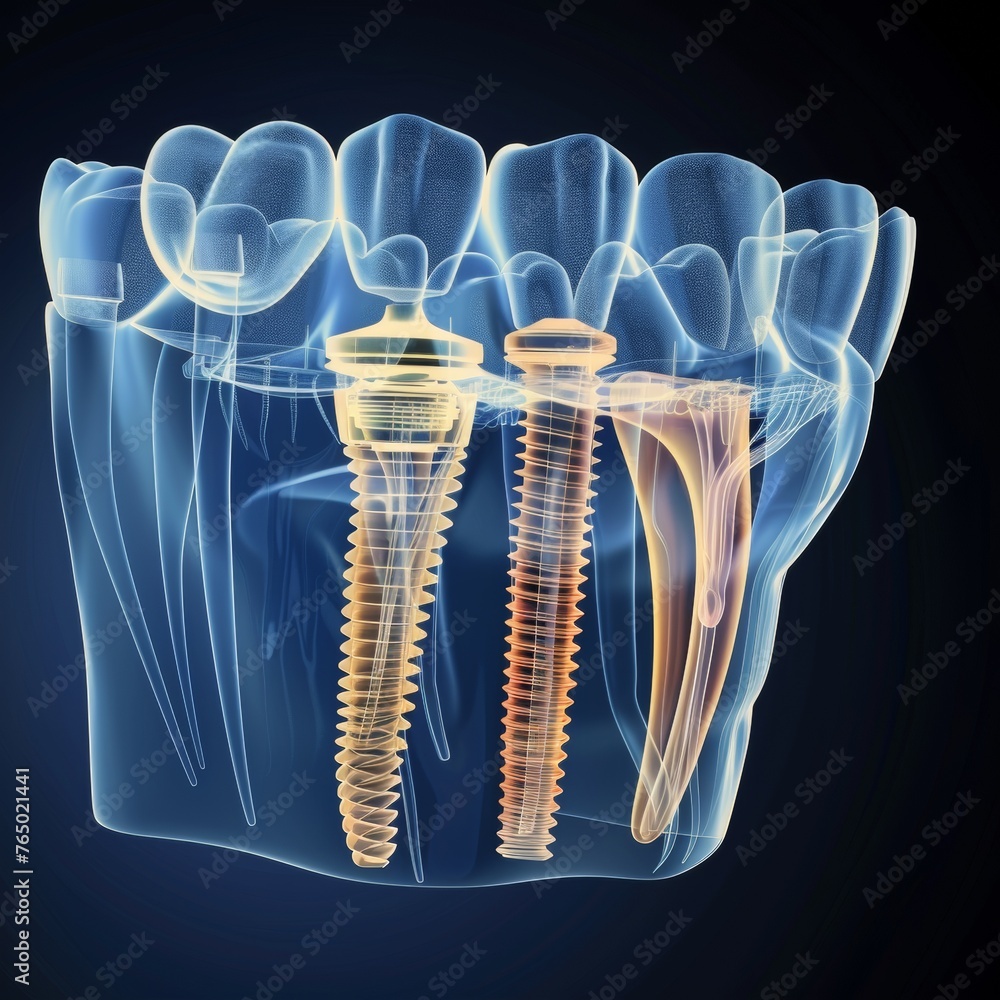 X-ray illustration showing a detailed view of dental implants in the ...