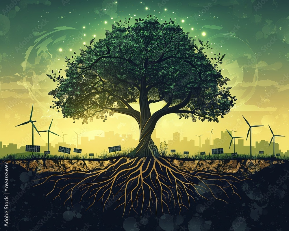Illustrate a powerful image featuring a majestic tree with roots deep ...