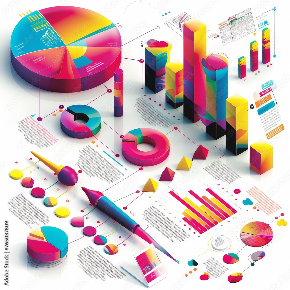 An array of vibrant 3D bar graphs, pie charts, and data points, symbolizing dynamic and engaging ...