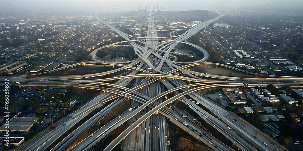 Overhead shot of Los Angeles freeways showing a complex network of ...