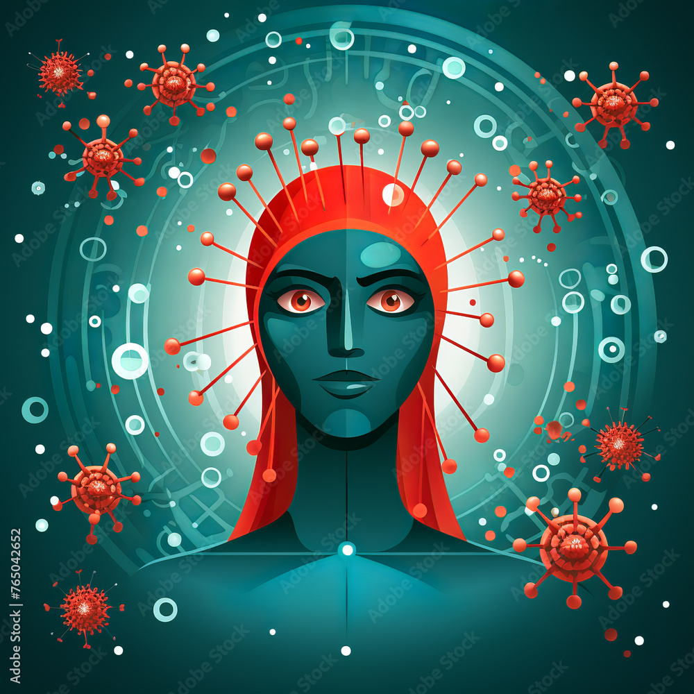 A stylised humanoid figure with a radiant red halo effect, with virus ...
