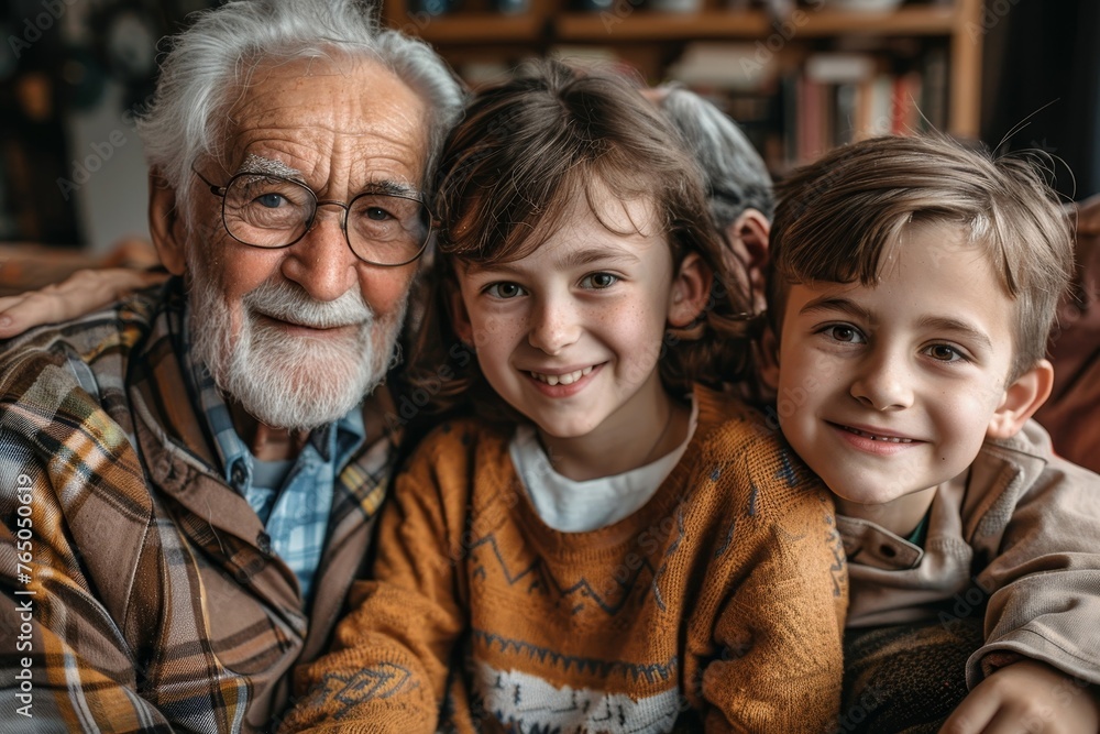 Happy grandparents together with children. Kids at grandparents' house ...