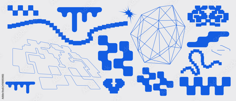 Simple abstract shape set geometric blue pixel art bitmap. Ideal for ...