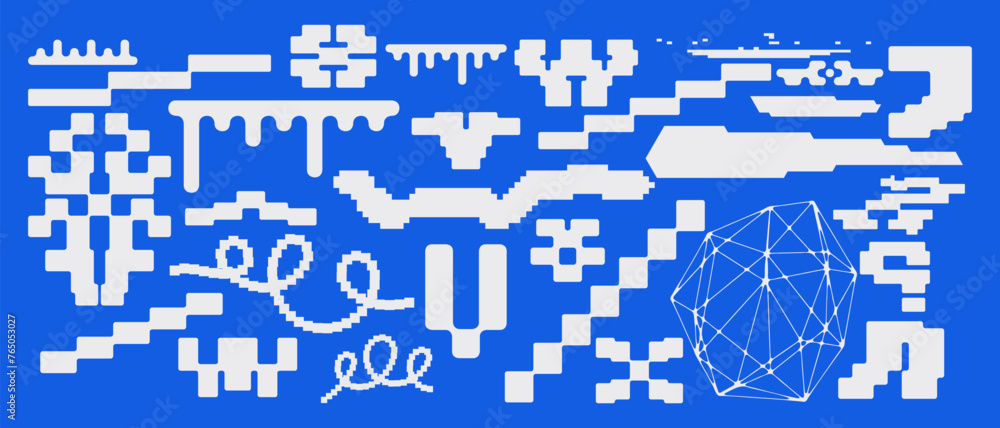 Simple abstract shape set geometric blue pixel art bitmap. Ideal for ...