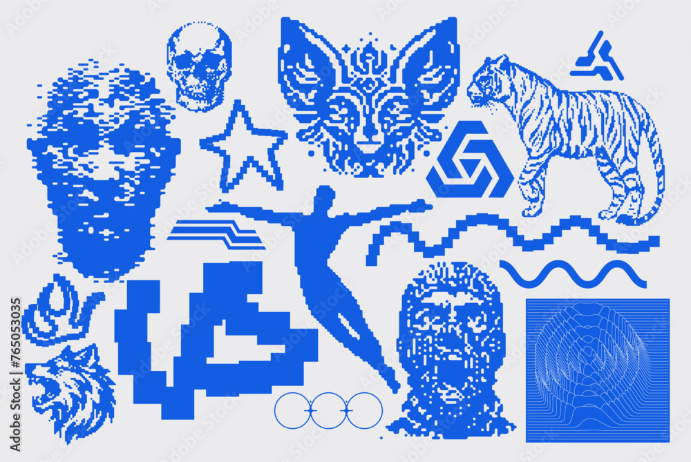 Simple abstract shape set geometric blue pixel art bitmap. Ideal for ...