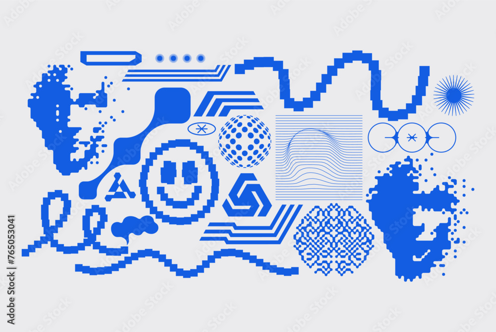 Simple abstract shape set geometric blue pixel art bitmap. Ideal for ...