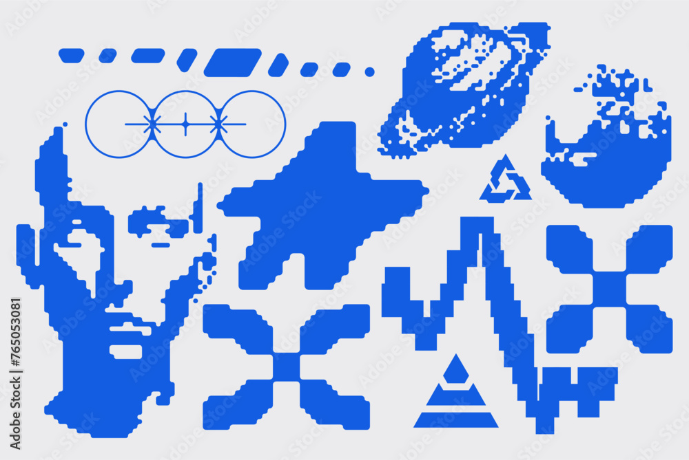 Simple abstract shape set geometric blue pixel art bitmap. Ideal for ...