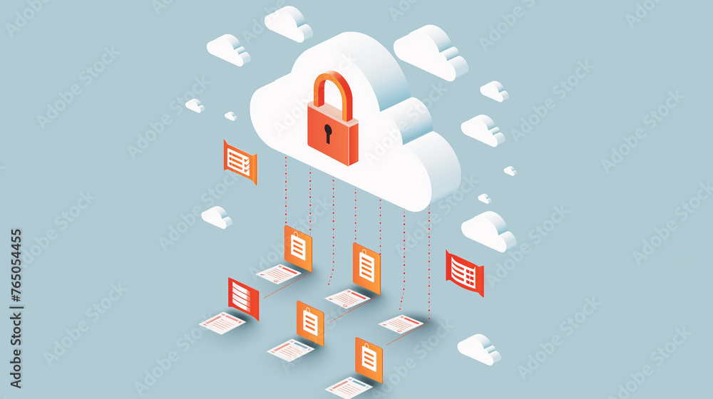 Documents suspended from a locked cloud, depicting secure file storage ...