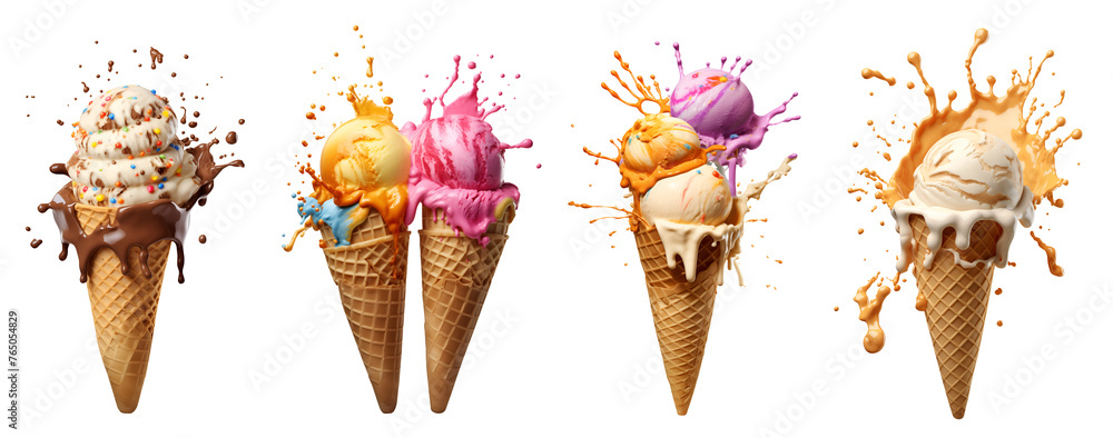 Set of Ice cream scoop on waffle cone flying splash explosion with ...