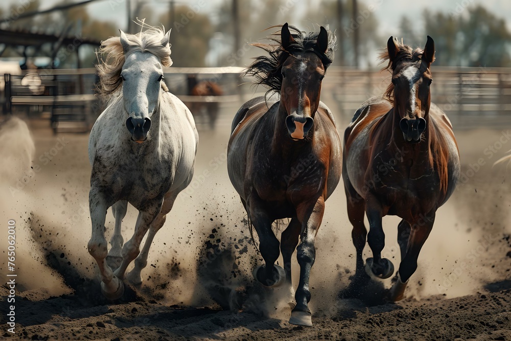 Horses in rodeo arena creating a dusty spectacle. Concept Rodeo Horses ...