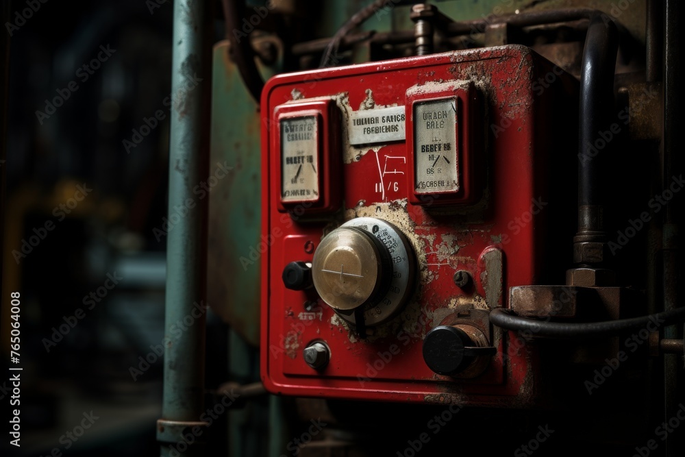 Foto de A vivid red safety switch stands out on a complex industrial ...