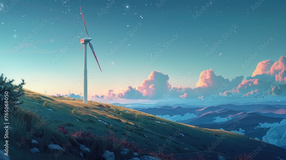 An animated wind turbine on a hill, with interactive elements showing ...