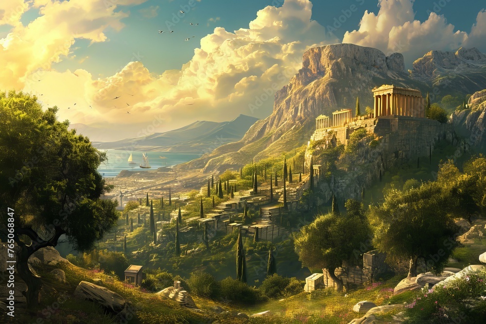 Mountainous Ancient greece landscape. Temple art. Generate Ai Stock ...