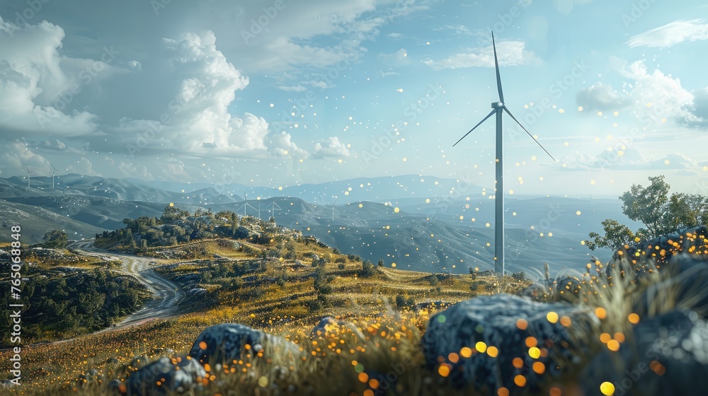 An animated wind turbine on a hill, with interactive elements showing ...