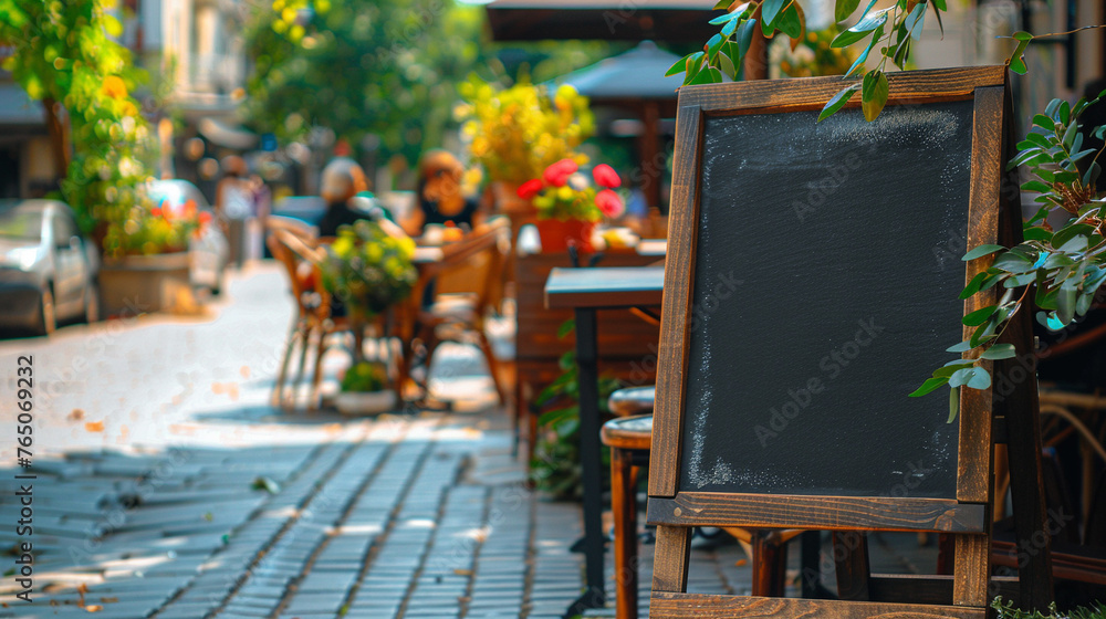 Blank wooden menu blackboard outdoor display mock up. Sidewalk street ...