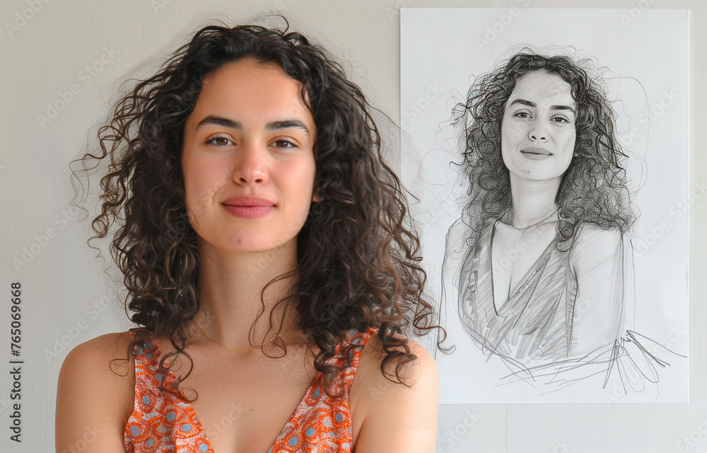 Portrait of a woman compared with a hand drawing of his face ...