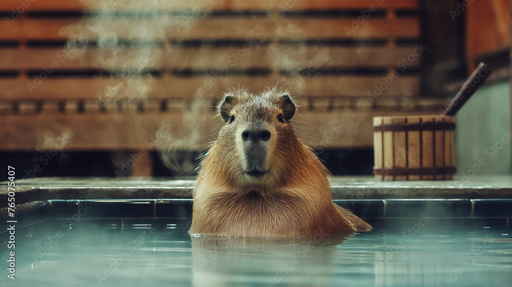 Happy capybara relaxing in a hot pool in a Roman bath, idea for ...