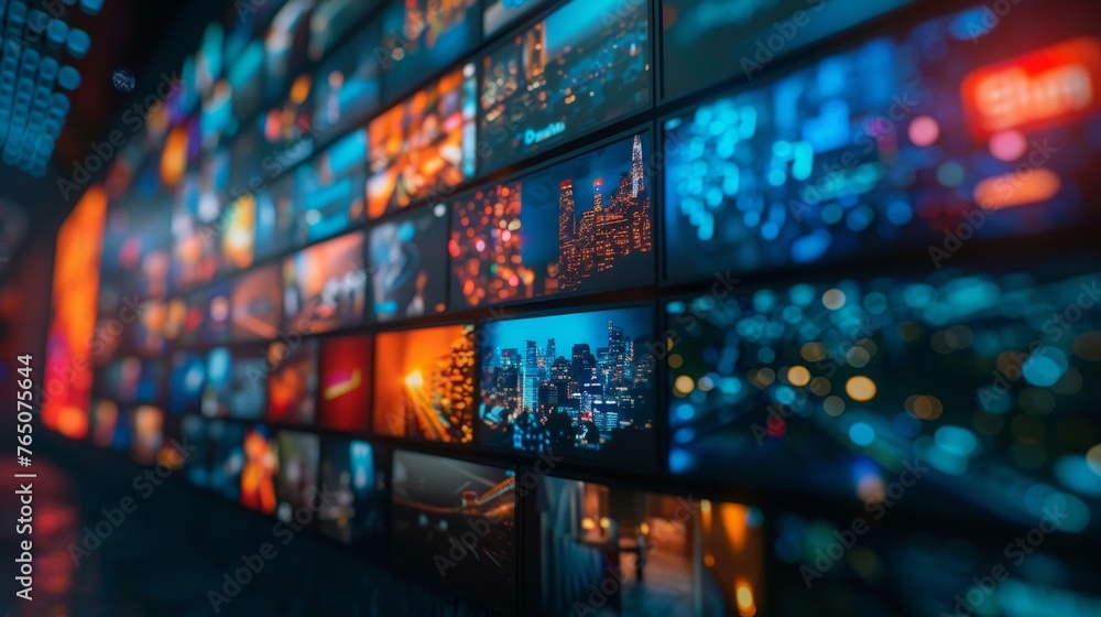 A stunning array of screens on a wall, each displaying vibrant images ...