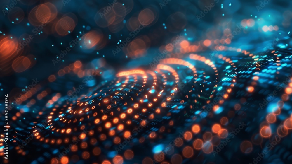 A Dynamic Visual Of Glowing Binary Code Forming Wave Patterns