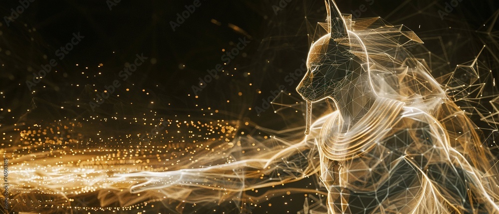 A dynamic wireframe depiction of Anubis engaged in a ceremonial dance ...